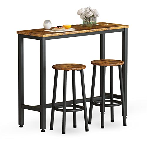 AWQM 3 Piece Bar Table Set, Industrial Pub Height Table with 2 Bar Stools,Dining Room Table Set, 47.2" Table and Classic Round Chairs Set, Ideal for Kitchen,Living Room