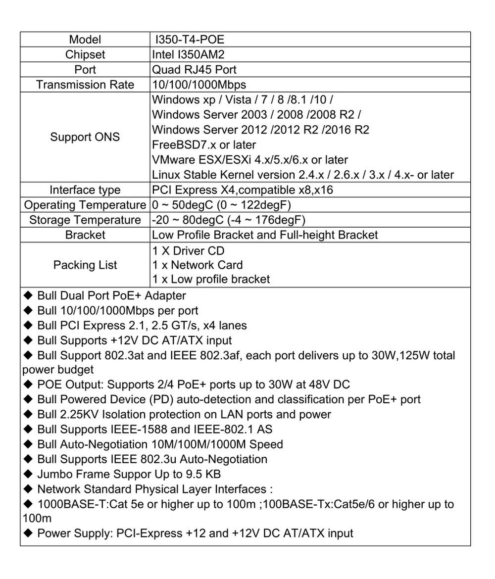 Jeirdus NIC Gigabit - for Intel I350AM4 Chip Quad RJ45 PoE Ethernet Server Converged Network Adapter I350-T4, PCI Express 2.1 x4, Power Over Ethernet, Interface Card