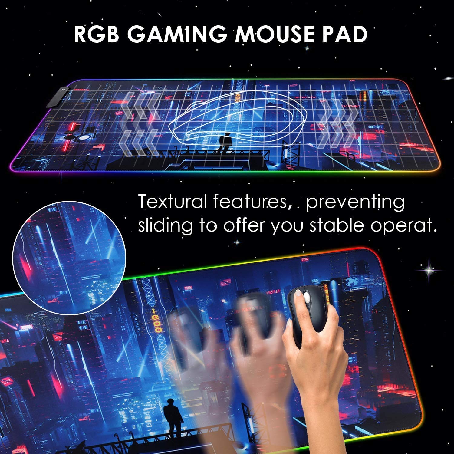 Aimetech RGB Mouse Pad, Led Gaming Mouse Pad Oversized Glowing Mat Colorful Soft Mat for Mice Computer Keyboard with Non-Slip Rubber Base Water-Resistant 31.5×11.8 inches (80x30 rgnight)