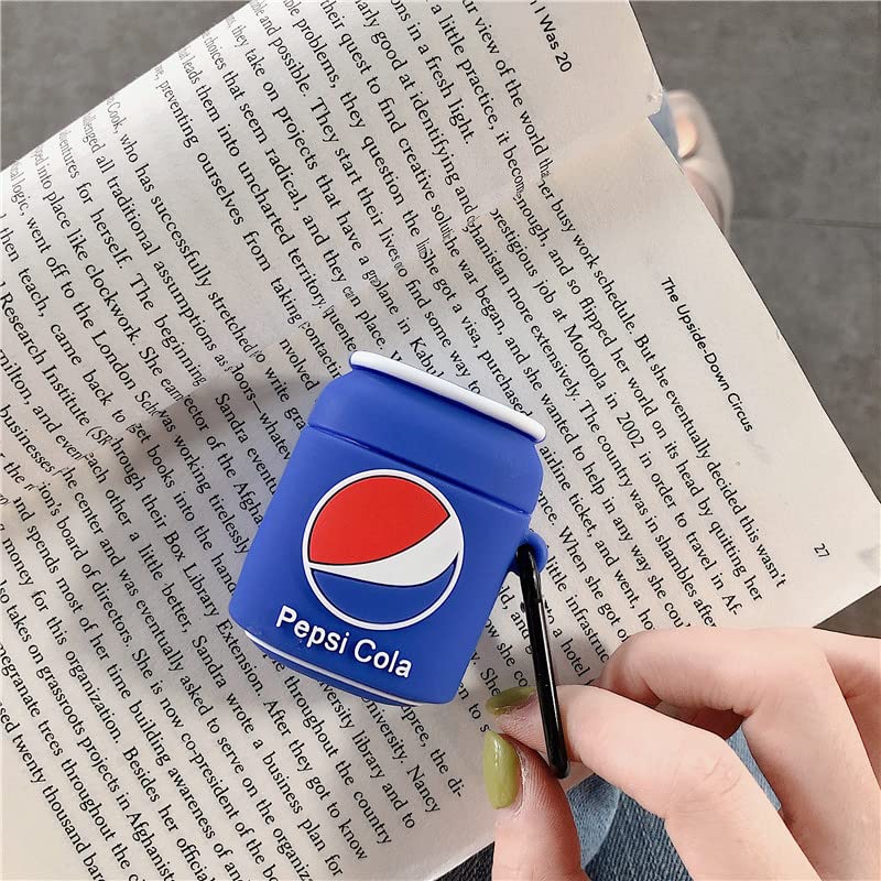 Ultra Thick Soft Silicone Pepsi Cola Case with Hook for Apple Airpods 1 2 Air Pods Wireless Earbuds Protective 3D Blue Drink Can Shaped Fun Cool Fresh Gift Kids Teens Men Boys Girls