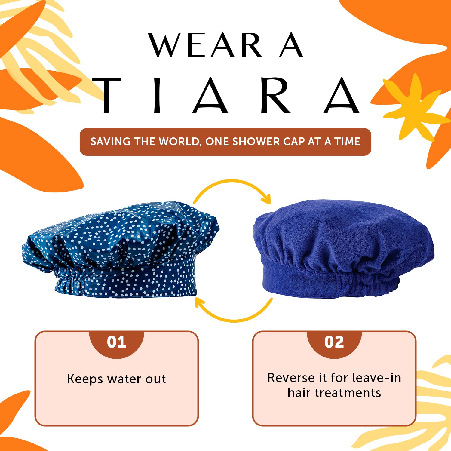 TIARA Luxury Shower Cap for Women Reusable Waterproof, Hair Cap for Long & Short Hair, All Size Flexi Adjustable Terry Lined Cloth Plastic Leakproof Soft, Breathable, Durable & Comfy (Dots Blue)
