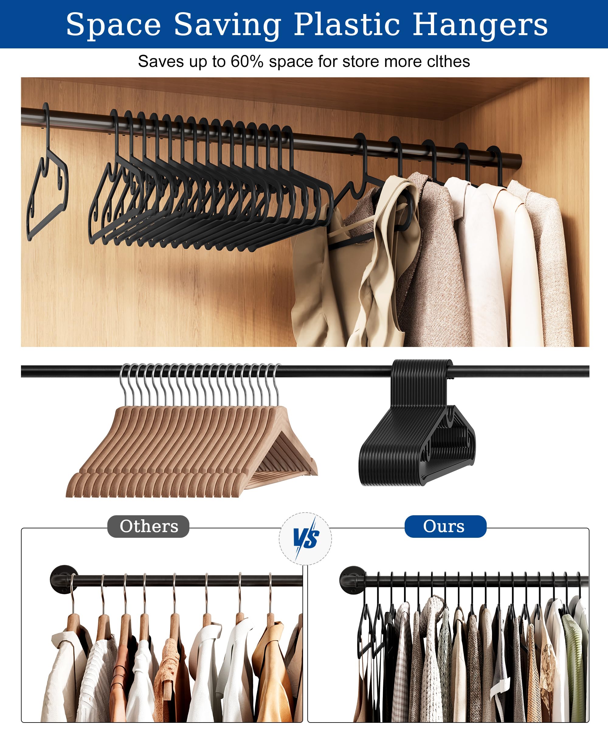 GETORO Plastic Hangers 100 Pack, Non Slip Space Saving Clothes Hanger with Hooks, Heavy Duty Black Hangers for Closet