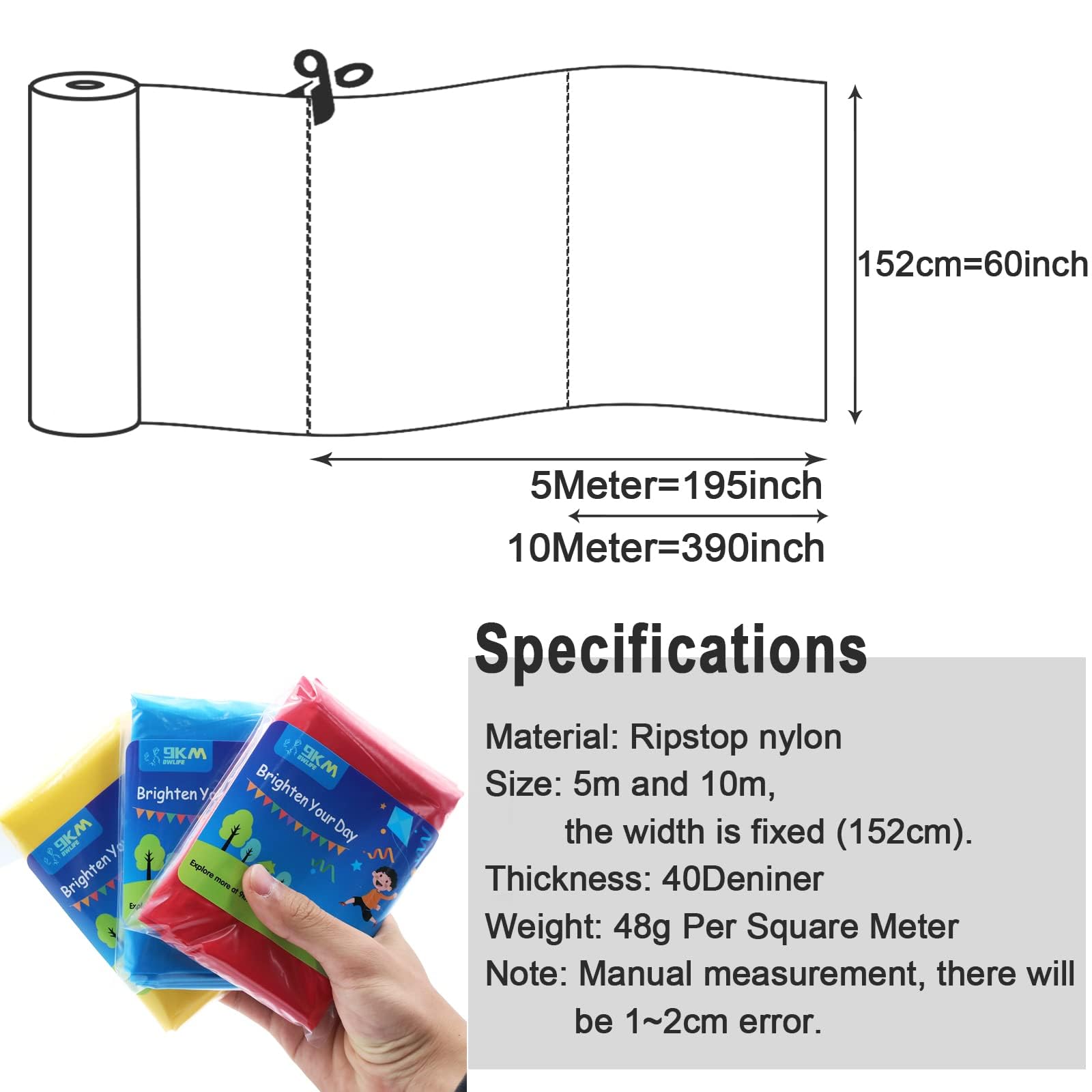 9KM DWLIFE Nylon Ripstop Fabric, Black 60x117 Inch, 40D Waterproof, Lightweight, Windproof, Bulk Fabric for Kite, Tent, Flag, Bag, Tarp Cover, Outdoor DIY Project…