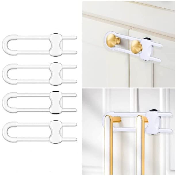 Baby Proofing Sliding Cabinet Locks - YAWALL Adjustable U Shaped Baby Safety Latches for Wardrobe, Kitchen,Bathroom,Drawer,Fridge,Cupboard Doors Knobs & Handles (4Pack White)