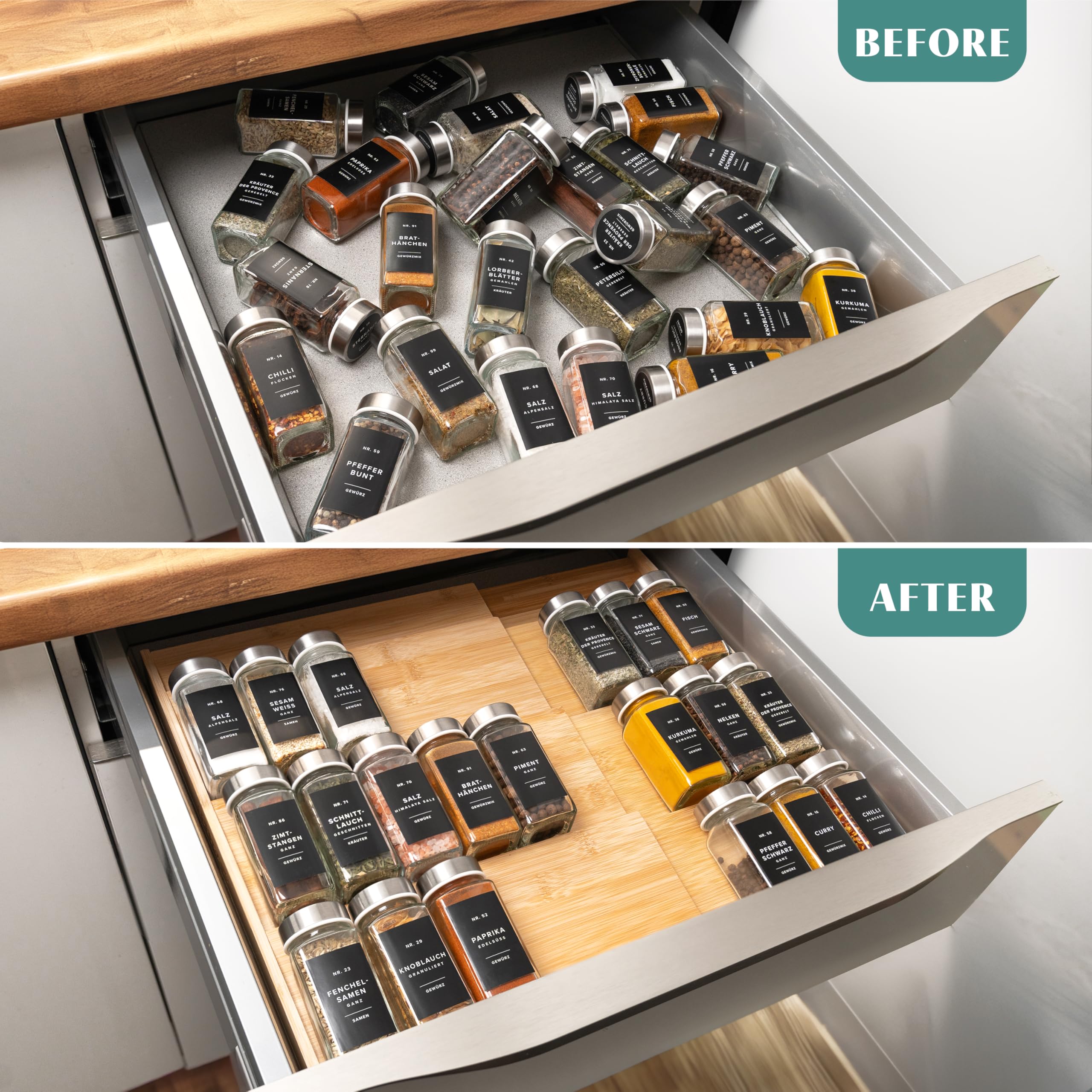Bamboo Spice Drawer Organizer - Expandable 4 Tier Spice Rack (Need 3" Deep Drawer) 12" to 23" Wide, Seasoning Organizer, Organization Seasoning Rack insert for Kitchen Cabinet (Jars Not Included)