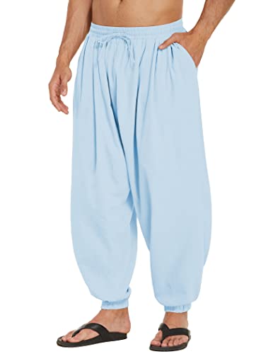 COOFANDY Men's Cotton Linen Pants Wide Leg Pants Baggy Harem Pants Beach Trousers Sky Blue
