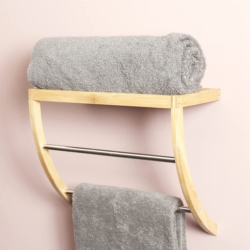 Bamboo Wall Mount Shelf with 2-Tier Curved Towel Rack by Home Basics | Open Slanted Shelf Organizer Rack with Natural Finish | Strong Steel Rod Towel Bars