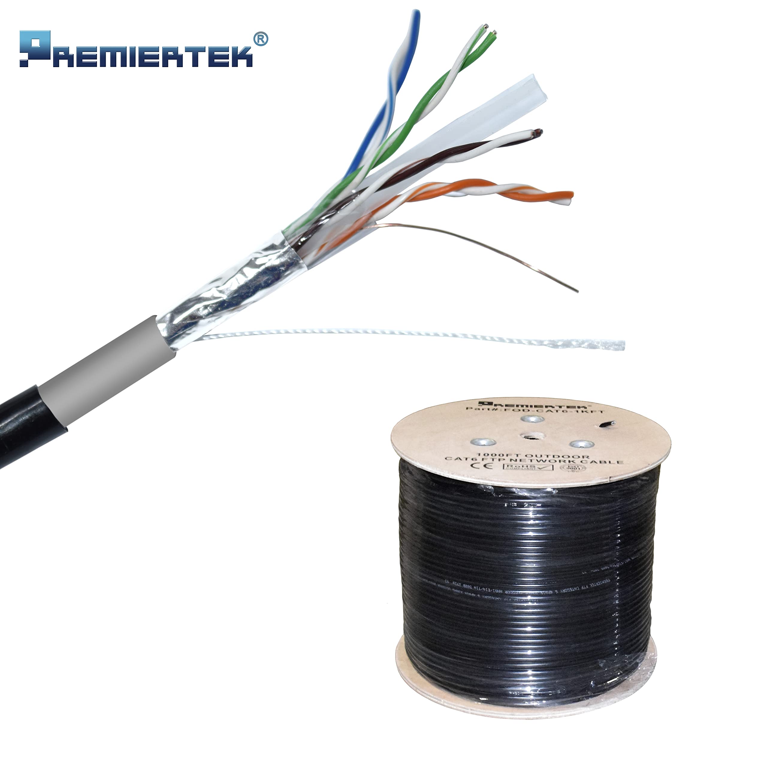Premiertek Outdoor 1000' Cat6 23AWG CMX Cca 550MHz Shield FTP 4-Pairs Premium Network LAN Cable, Black (FOD-CAT6-1KFT)