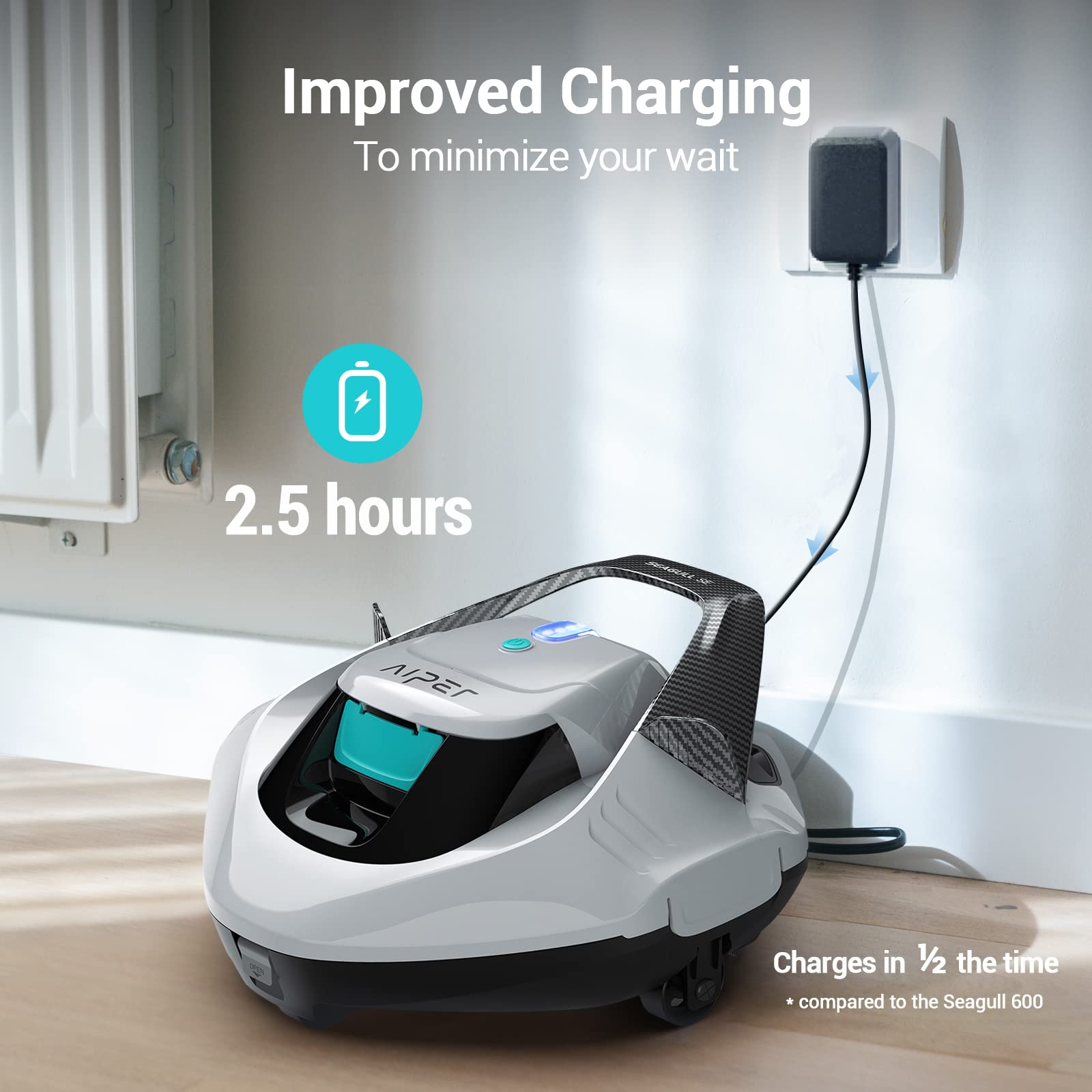 AIPER Seagull SE Cordless Robotic Pool Cleaner, Pool Vacuum Lasts 90 Mins, LED Indicator, Self-Parking, Ideal for Flat Pools up to 30 Feet in Length- White