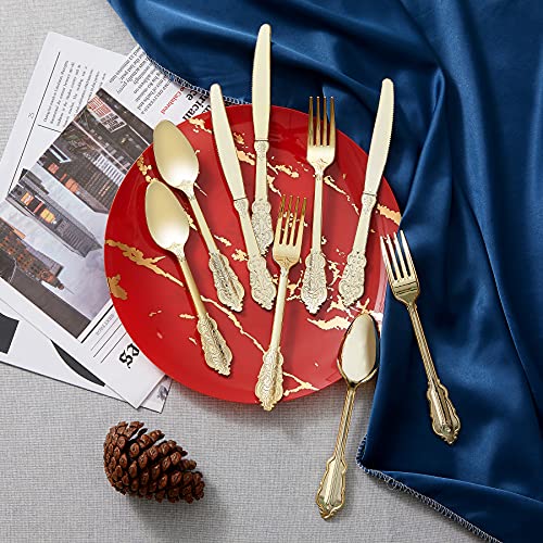 N9R 300pcs Gold Plastic Silverware Dinnerware Flatware- Heavyweight Gold Plastic Cutlery Set, 100 Gold Forks, 100 Gold Spoons, 100 Gold Knives, Gold Utensils for Party, Wedding,Birthday