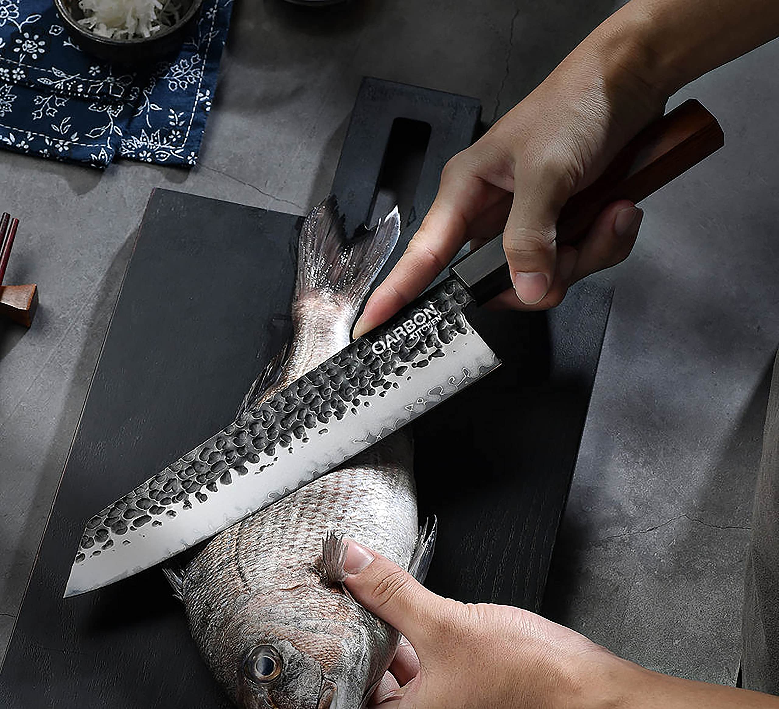 9 Inch Kiritsuke Japanese Chef Knife, Ultra-Sharp Carbon Stainless Steel Professional Cooking Kitchen Knife | Meat Slicing, Vegetable and Sushi Knife