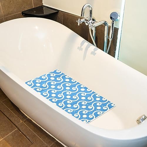 Bath Tub Shower Mat - Anti-Slip PVC Material 15.1x26.8 in, Gentle Cushioning Quick Drying Suction Cups Reliable Solution - Blue Traditional Texture Pattern Non-Slip Floor Mat