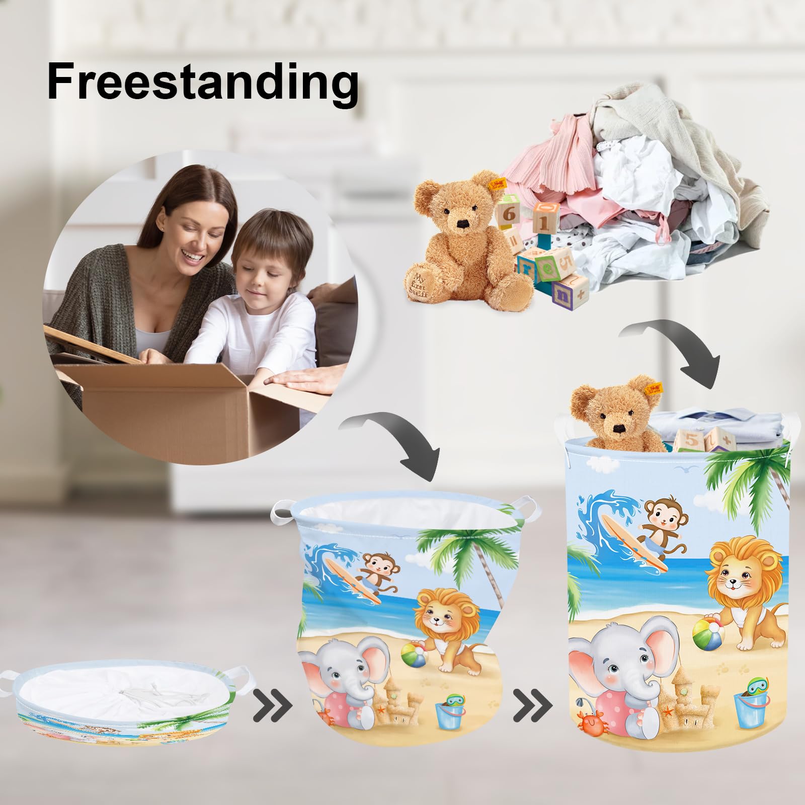 Clastyle Surfing Monkey Lion Laundry Hamper Summer Pool Beach Towel Blanket Basket Elephant Castles Nursery Hamper Kid Bedroom Round Toy Clothes Storage Basket