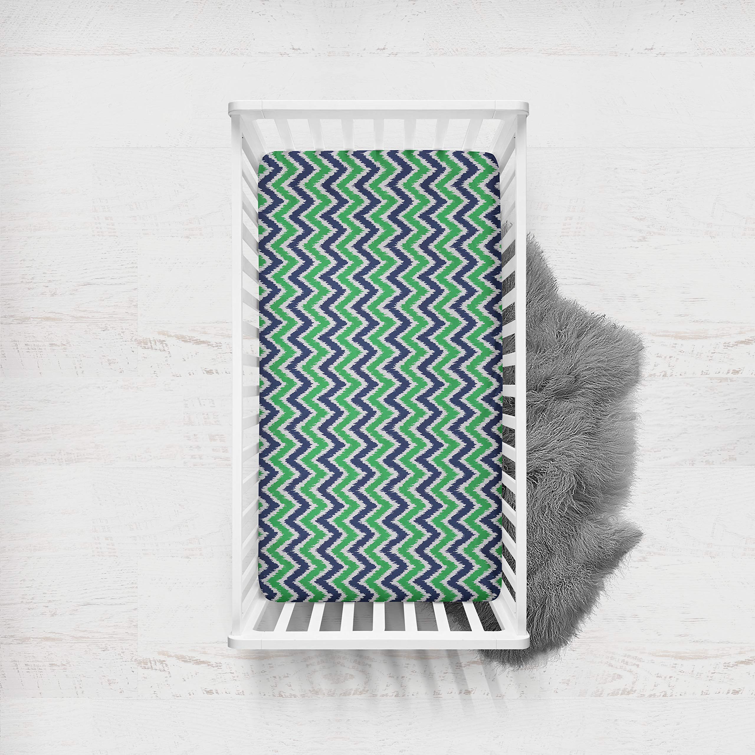 Bacati - 2 Pack Crib Fitted Sheets - Mix and Match Ikat Zigzag Chevron Soft Breathable 100% Cotton Percale Baby Sheets - Fits Standard 28 x 52 X 5 inches Crib & Toddler Mattresses(Navy Green)