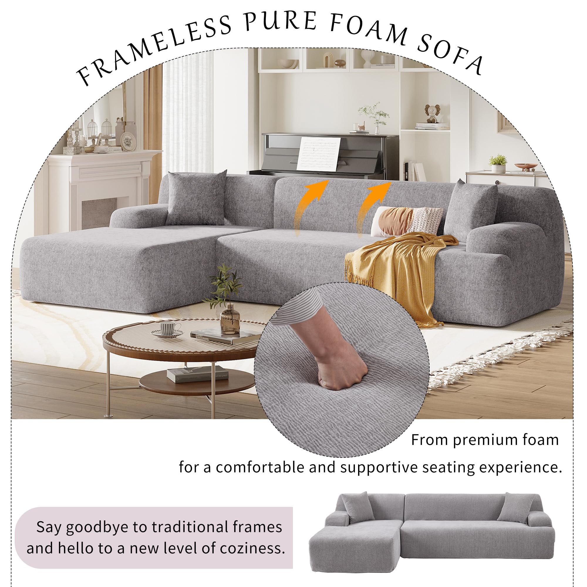 BAMOOLI 109'' Modular Sectional Couch, Modern L-Shape Floor Sofa with Chaise Lounge, Comfy Chenille Fabric Sponge Sofa Couch, Upholstered Corner Cloud Couch for Living Room, Bedroom, Apartment, Grey