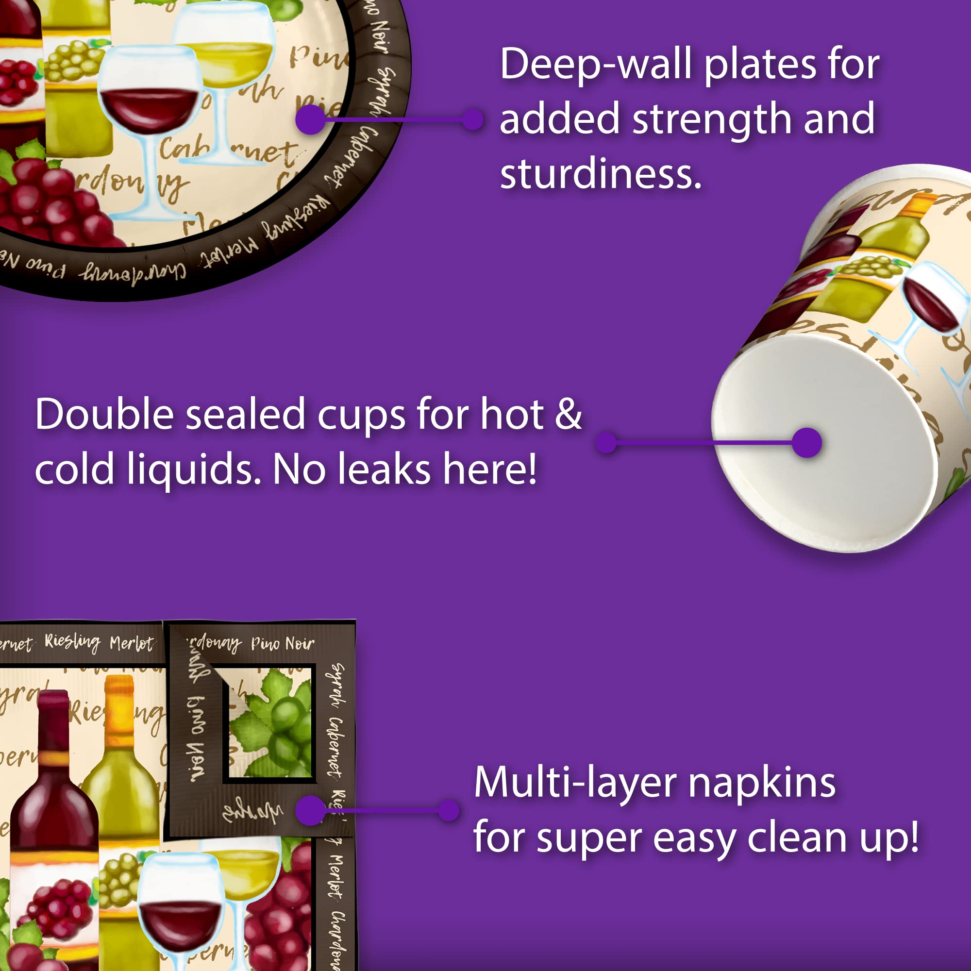 Birthday Galore Paint and Sip Party Supplies - 64 Piece Disposable Tableware Set For Bridal Shower - Wine Paper Plates Napkins Cups - Kit for 16