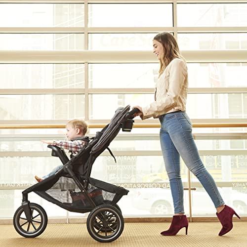 Evenflo Folio3 Stroll & Jog Travel System w/LiteMax 35 Infant Car Seat, Crossover Versatility, Ultra-Compact, Self-Standing Folding Design, 12β Air-Filled Tires, Front Wheel Swivel Lock, Avenue Gray