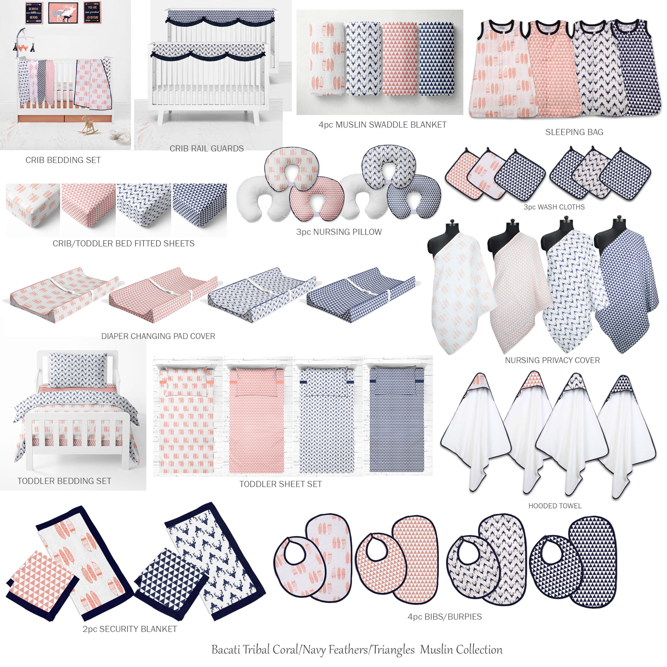 Bacati - 2 Pack Tribal/Aztec/Triangles Silky Soft Breathable 100% Cotton Muslin Baby Crib Fitted Sheets - Fits Standard 28 x 52 x 5 Crib & Toddler Mattresses (Navy Bucks)