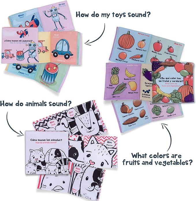Bilingual Books for Babies | 3 Cloth Book Set Written in Spanish and English | Early Learning Sensory Development for Babies | Crinkle Touch | High Contrast Infant Toys For Early Development