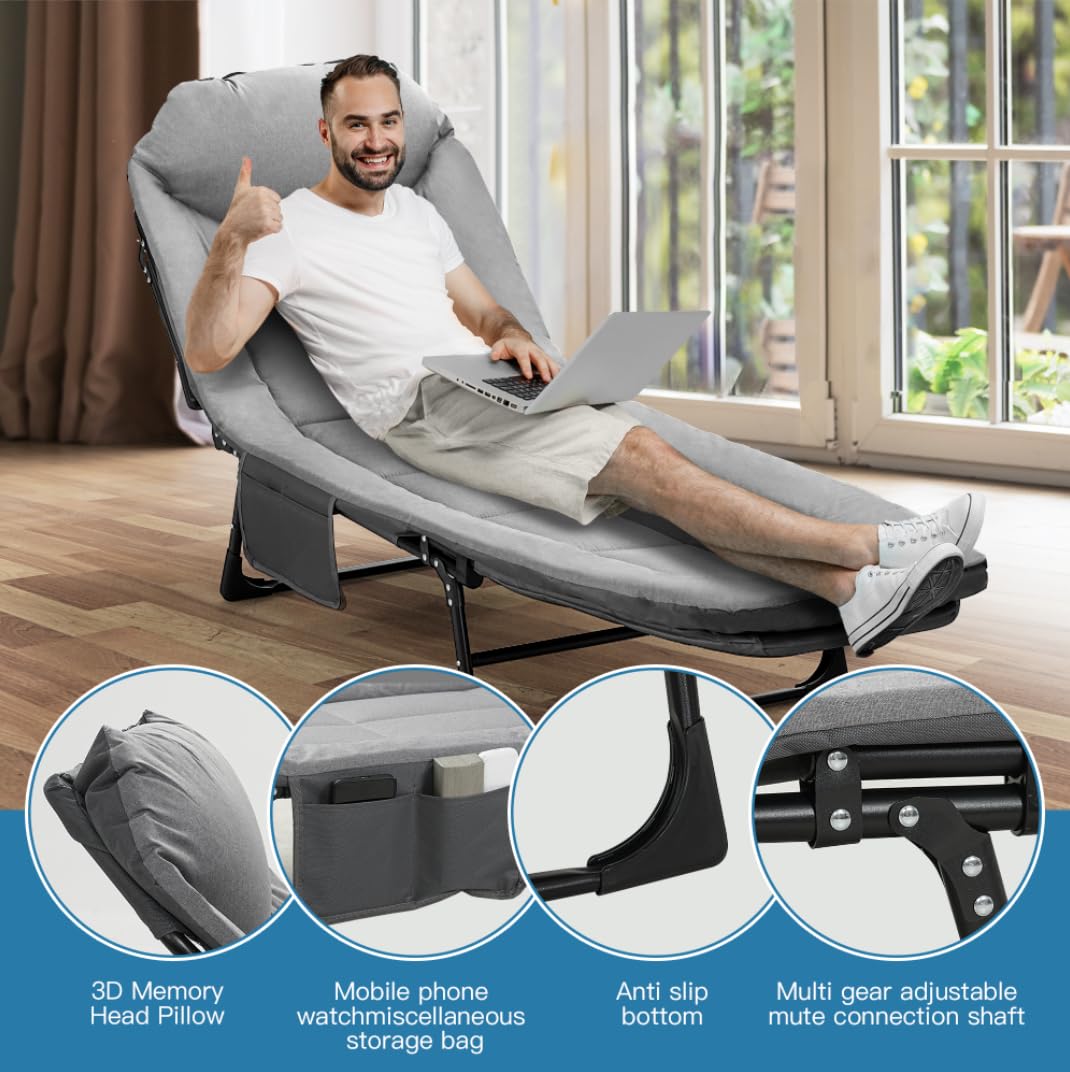 STARBRILLIANT Adjustable Folding Chaise Lounge Chair with Mattress, Folding Portable Sleeping Adults Cots Perfect for Sunbathing, Camping, Pool, Beach, Patio (Grey)