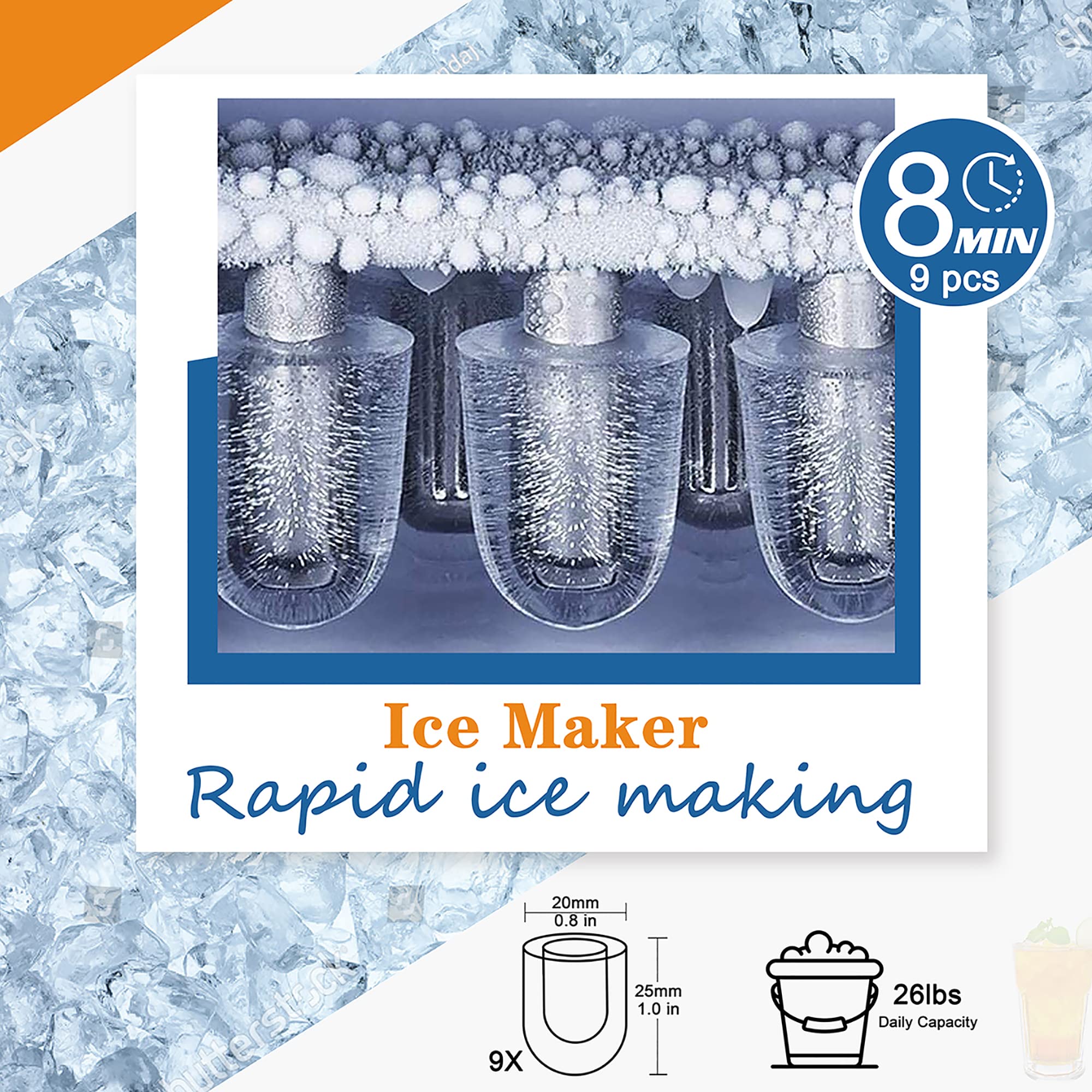 Electactic Ice Maker Countertop, Efficient Easy Carry Ice Maker, Self-Cleaning Ice Maker with Ice Scoop & Basket, 9pcs/ 8mins 26.6Lbs Per Day for Home/Office/Kitchen, Silver (Z3912)