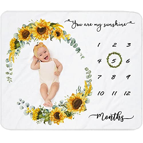 fundich Baby Milestone Blanket for Baby Girl|Newborn Monthly Milestone Picture Blanket|Sunflower Nursery Decor|Baby Girl Photo Background Prop Blanket 45"x40" with Wreath and Headband