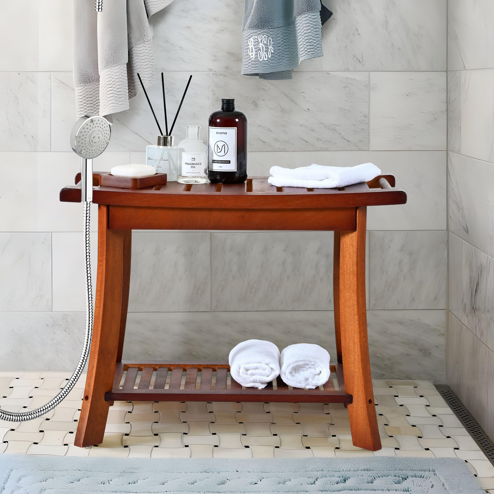 Jekruiet Teak Shower Chair Stool, 24 Inch Shower Bench Seat, Wooden Bathroom Bench with Storage Shelf for Adults, Elderly, Disabled Indoor & Outdoor Use