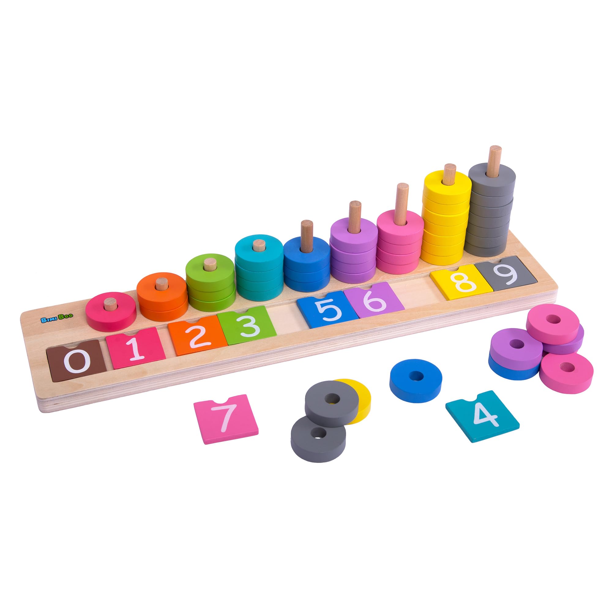 Bimi Boo Wooden Color Rings Sorting Board, Hand Eye Coordination Toy, Math Stackers Blocks with Counting Colored Rings, Color Learning, 45 Rings, 10 Number Tiles