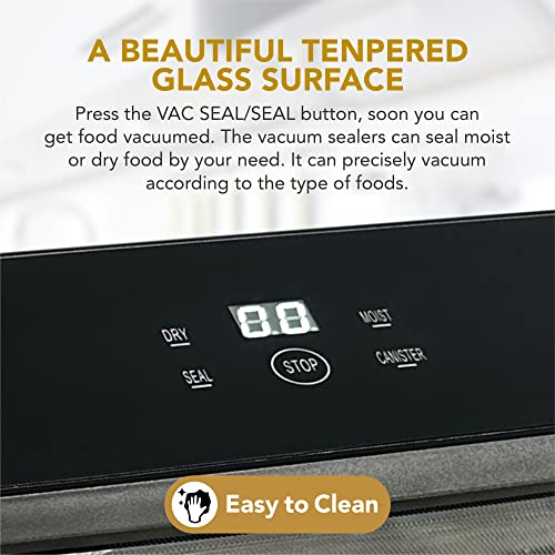 HOMARK Vacuum Sealer Machine, Digital Display Smart Function Household 80 kPa Food Saver Vacuum Sealer with Tempered Glass Surface, Dry Moist Mode, Includes 10 Vacuum Bags 6βx10β, 3 Food Modes,2 Pump Speed, Lab Tested