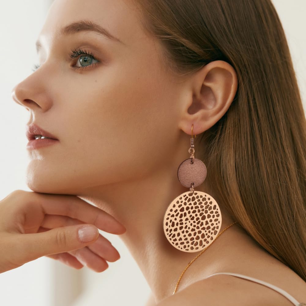 9 Pairs Boho Vintage Wooden Round Geometric Leather Earrings Retro Hollow Out Circle Earrings Big Lightweight Statement Jewelry Suitable for Women