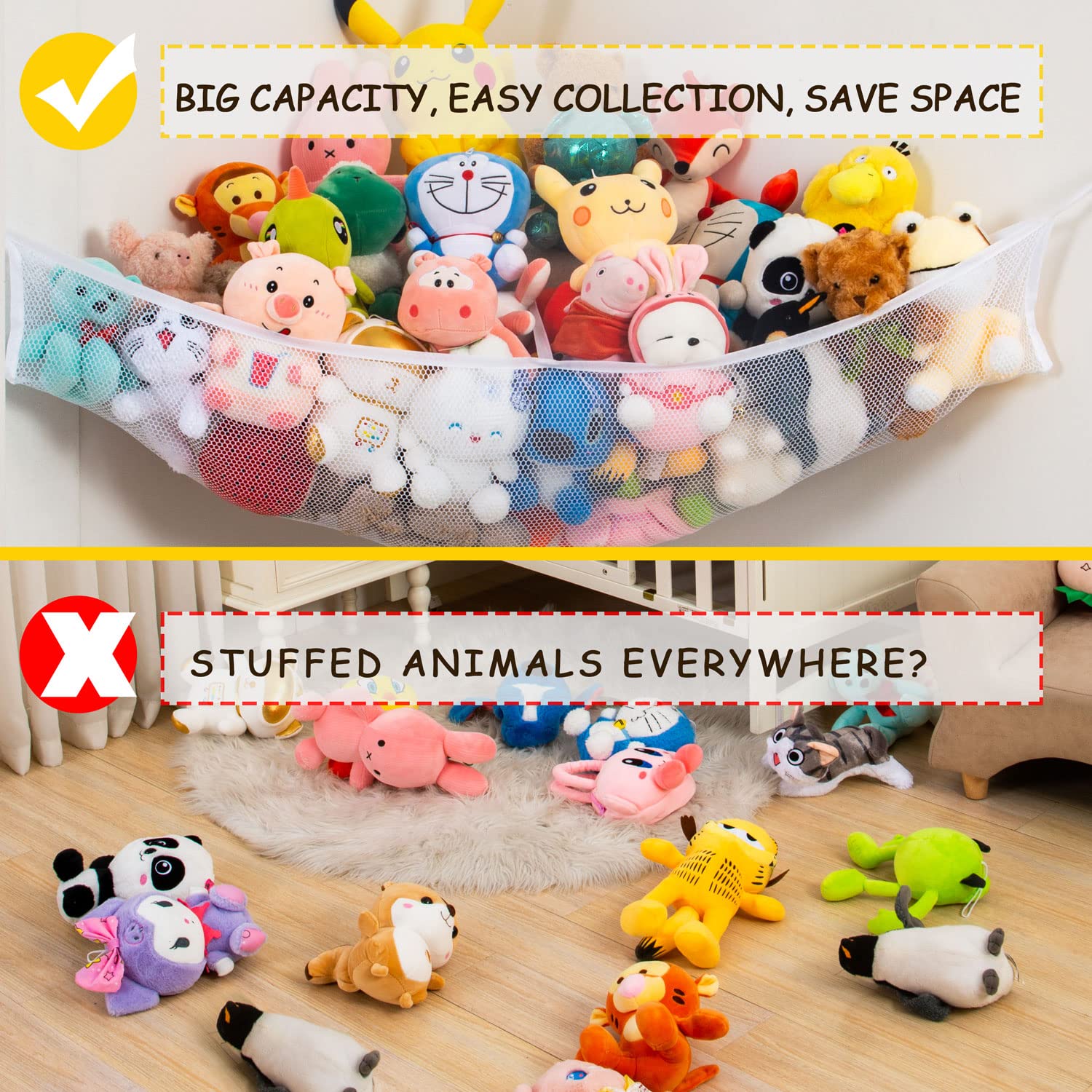 X-Large Stuffed Animal Net Hammock Corner (Min 3’6” Right-angled Corner Space Each Side) Toy Organizer for Plushies Hanging Holder for Organizing your Teddy and Squishmallow (White, X-Large)