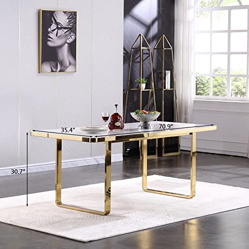 AZhome 7-Piece Dining Set, Gold Dining Room Table Set for 6, Black Leather Dining Chairs with Polished Stainless Steel Sled Base for Kitchen, Dining Room