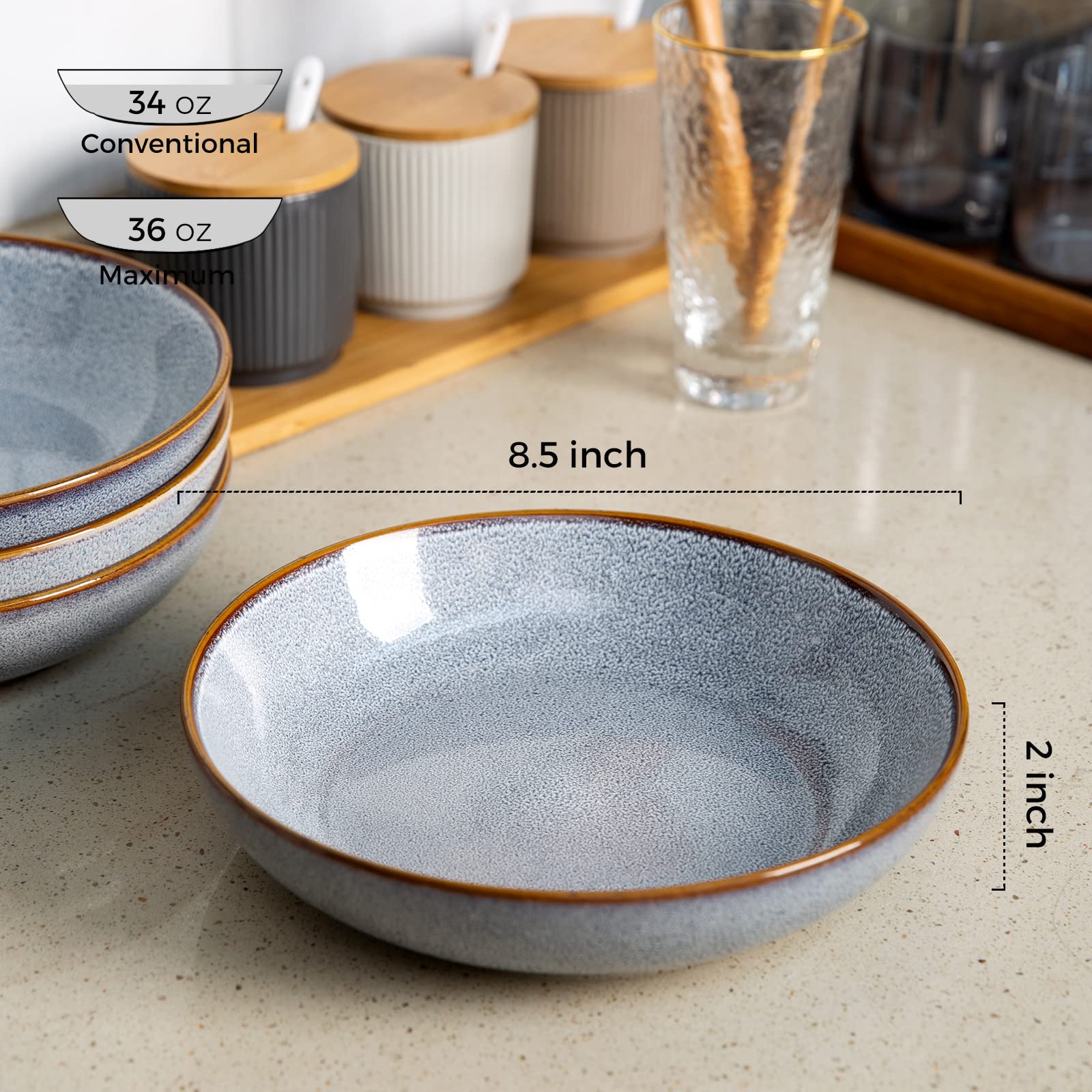 AmorArc 8.5'' Large Pasta Bowls, 36oz Ceramic Salad Serving Bowls Set of 4 for Kitchen, Wide Stoneware Bowls for Pasta,Salad,Fruit,Bread, Microwave Safe, Reactive Glaze-Blue