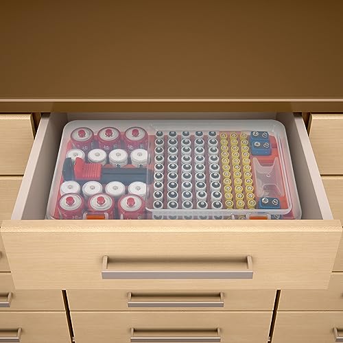 Battery Organizer Storage Case with Tester Checker. Batteries Holder Box Container for 120+ AA AAA 9V C D Lithium CR2025 CR1632 CR2032 Coin Cell Battery with Wall-Mounted Design -Orange