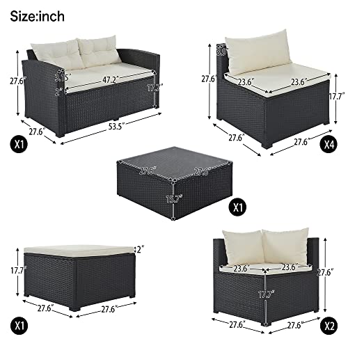 BIADNBZ 9 Piece Outdoor Patio Furniture Set Large PE Wicker Conversation Sectional Sofa with Glass Coffee Table, Chairs and Ottoman, for Lawn, Garden, Backyard, Poolside, Beige Cushion