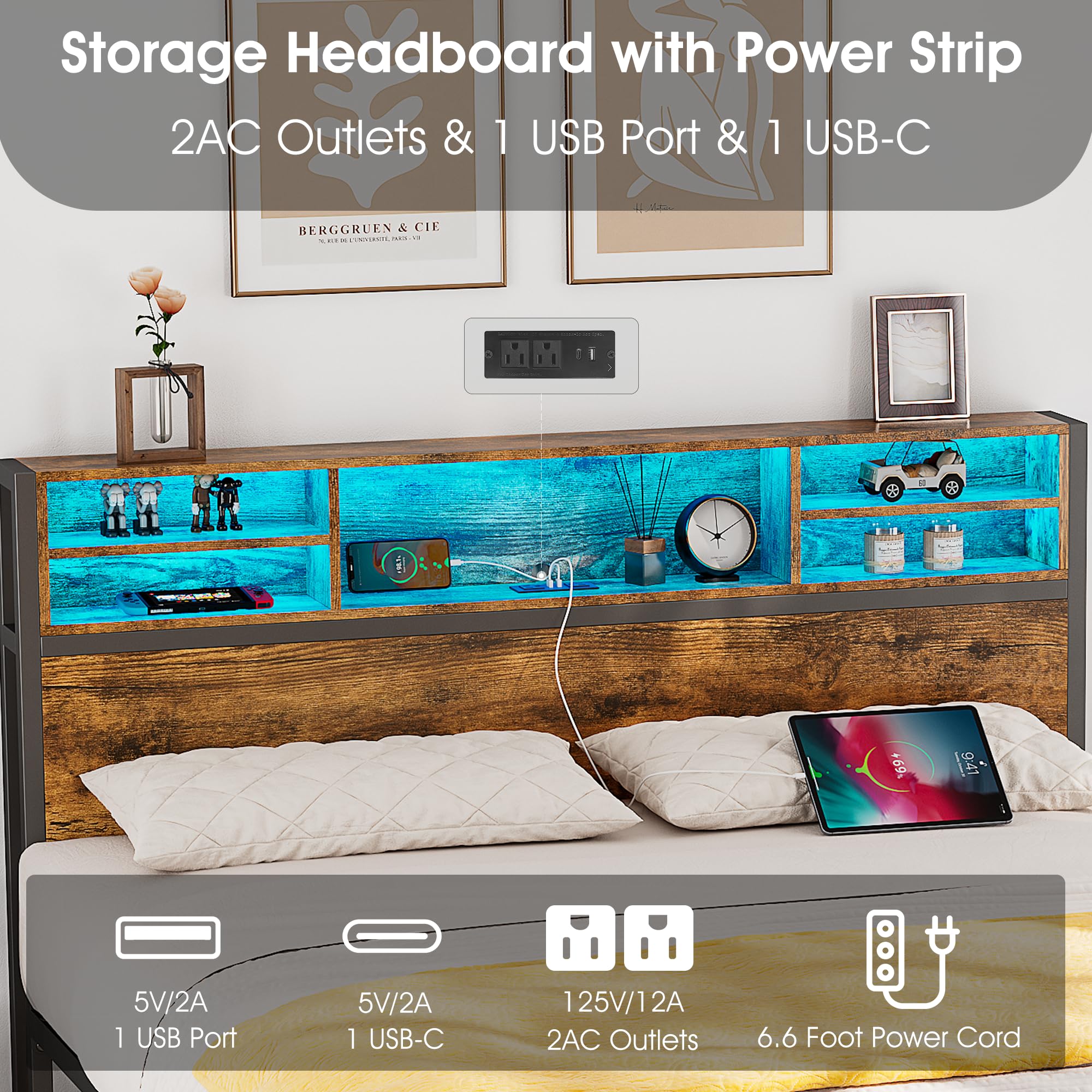 Alohappy Queen Bed Frame with Storage Headboard and Drawers,Metal Platform Bed Frame Queen Size with RGB Led Lights and Charging Station, No Nosie No Box Spring Needed (Queen (U.S. Standard))