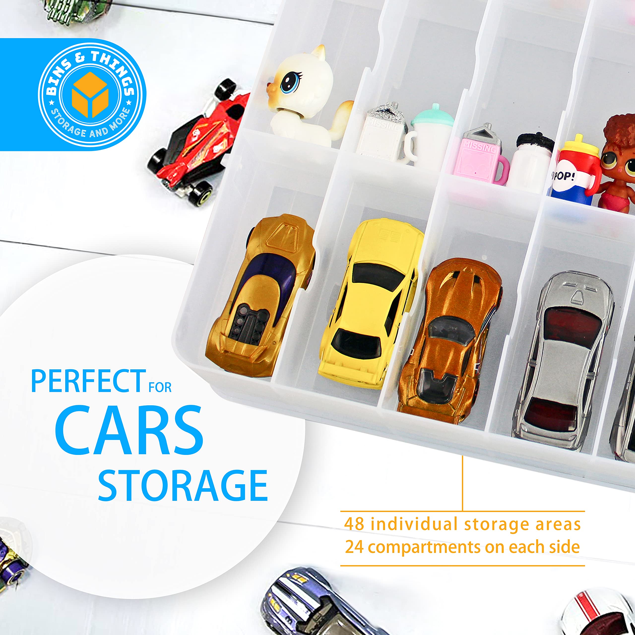 Bins & Things 48 Slot Toys Organizer - Compatible with Calico Critter, Hot Wheels, Tsum Tsum, MatchBox - Plastic Storage Display Case with Carrying Handle - Collection Box - 13.5x11.7x3.2 Inches