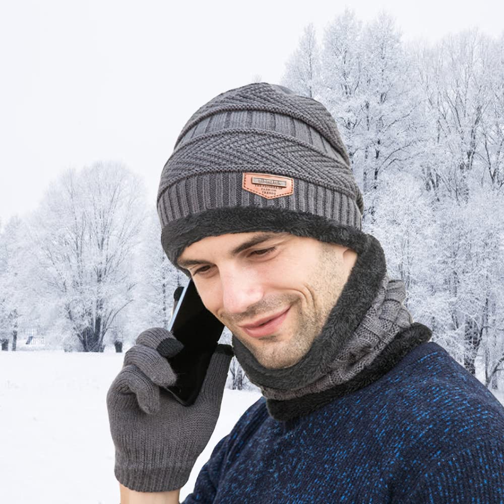 6 Pieces Winter Beanie Hat Scarf Gloves Set for Men and Women,Knitted Skull Cap Winter Hat Touchscreen Gloves Neck Warmer