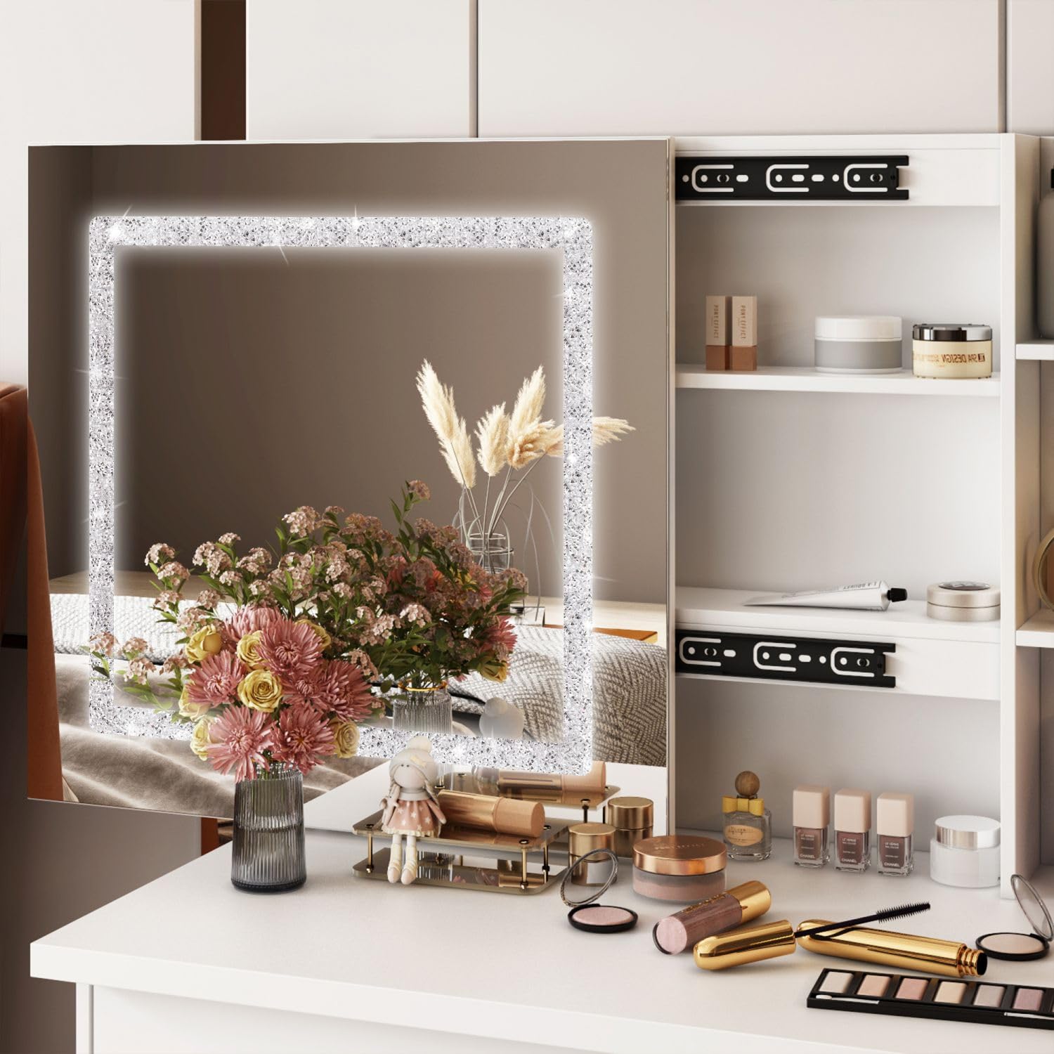 FAMAPY Makeup Vanity with Drawers, Vanity with Sliding Mirror, Vanity Desk with Storage Shelves, Cushion Stool, for Bedroom White and Grey