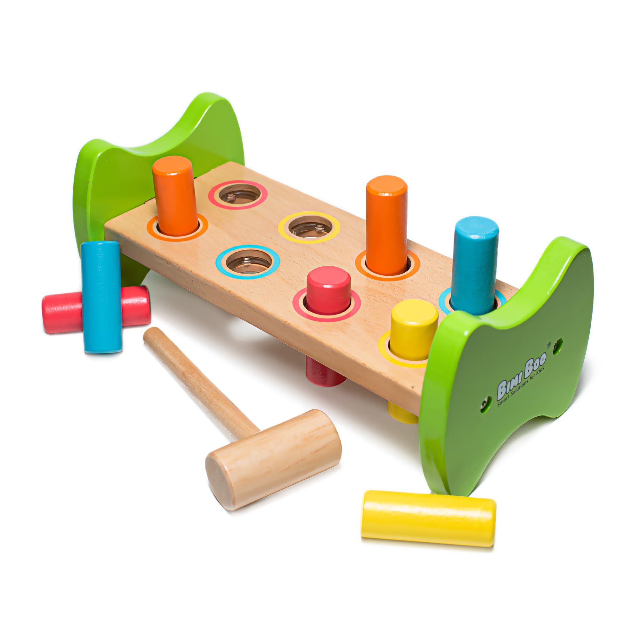 Bimi Boo Wooden Pounding Bench for Toddlers 1-3 - Montessori Hammer Toy with 8 Pegs and Mallet - Pound a Peg Bench for Kids - Color Recognition Toy (Hammer, 8 Pegs, 4 Colors)