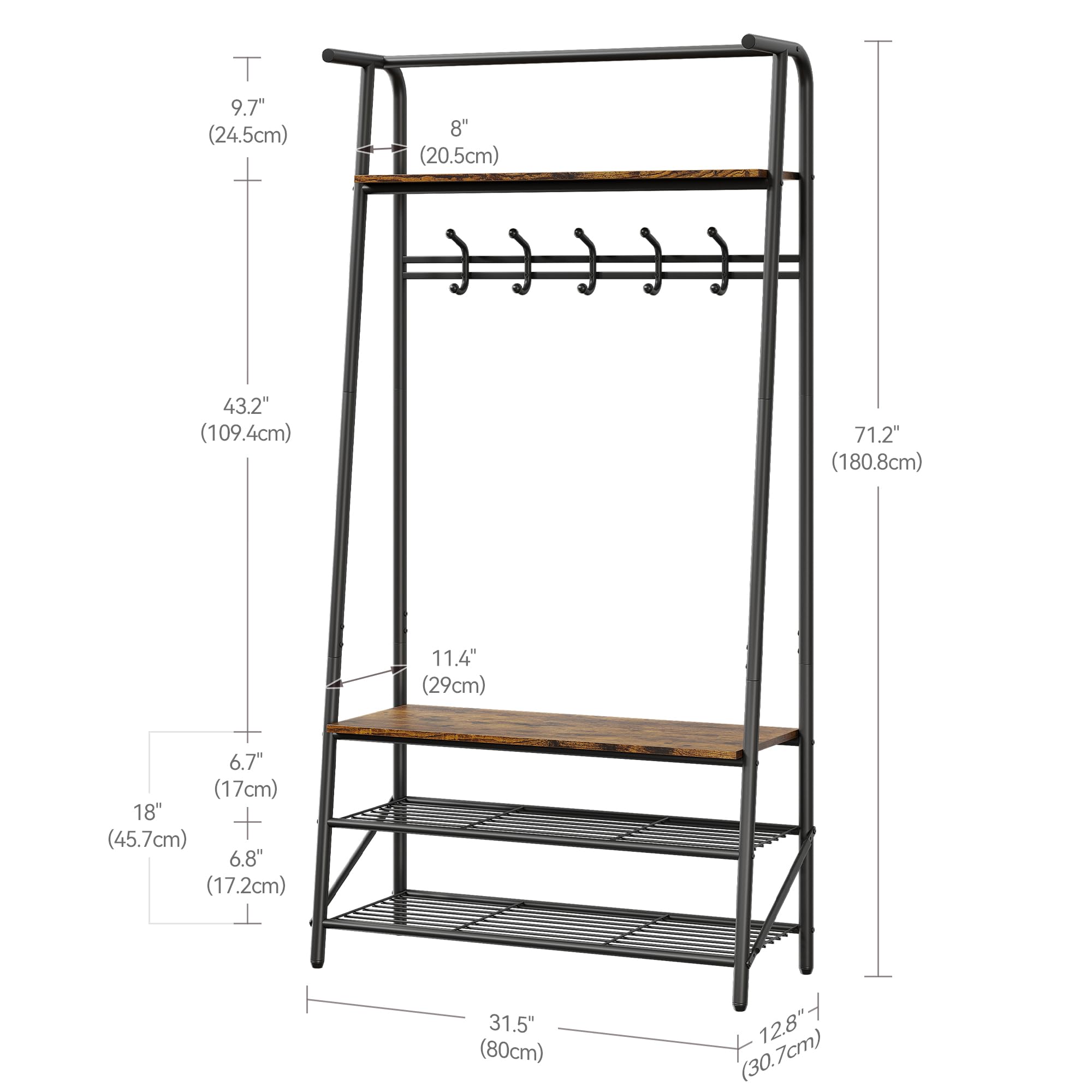 Coat Rack Shoe Bench with 5 Hooks, Entryway Hall Trees with Storage, Multifunctional Hallway Organizer, Wood Look Accent Furniture with Metal Frame, 4-in-1 Hall Trees Shoe Bench (5 Hooks-31.5 In)