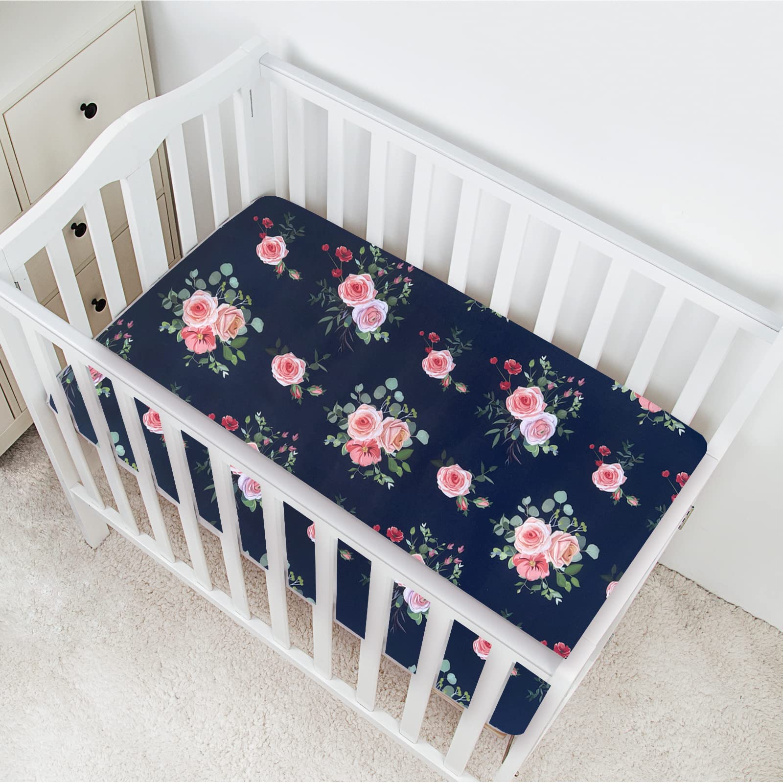 AMROSE 3 Pack Soft Floral Mini Crib Sheets, Microfiber Pack N Play Sheets Set for Baby Girls, Silk Touch Gentle Playard Sheet Portable Crib Sheet, Floral Theme
