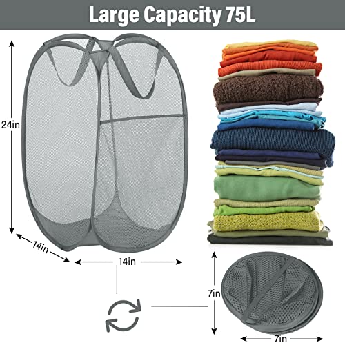BATTOO 3 Pack Collapsible Laundry Basket Strong Mesh Pop Up Laundry Hamper for Laundry Foldable Hampers with Side Pocket Reinforced Handles for Bathroom, Kids Room, College Dorm or Travel Grey