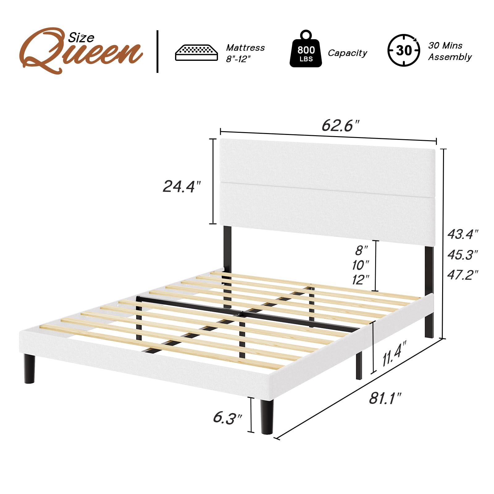 HOWE Queen Size Bed Frame, Upholstered Platform Bed with Adjustable Headboard, Sturdy Bedframe Linen Fabric/Easy Assembly/No Box Spring Needed/Noise-Free/Cream