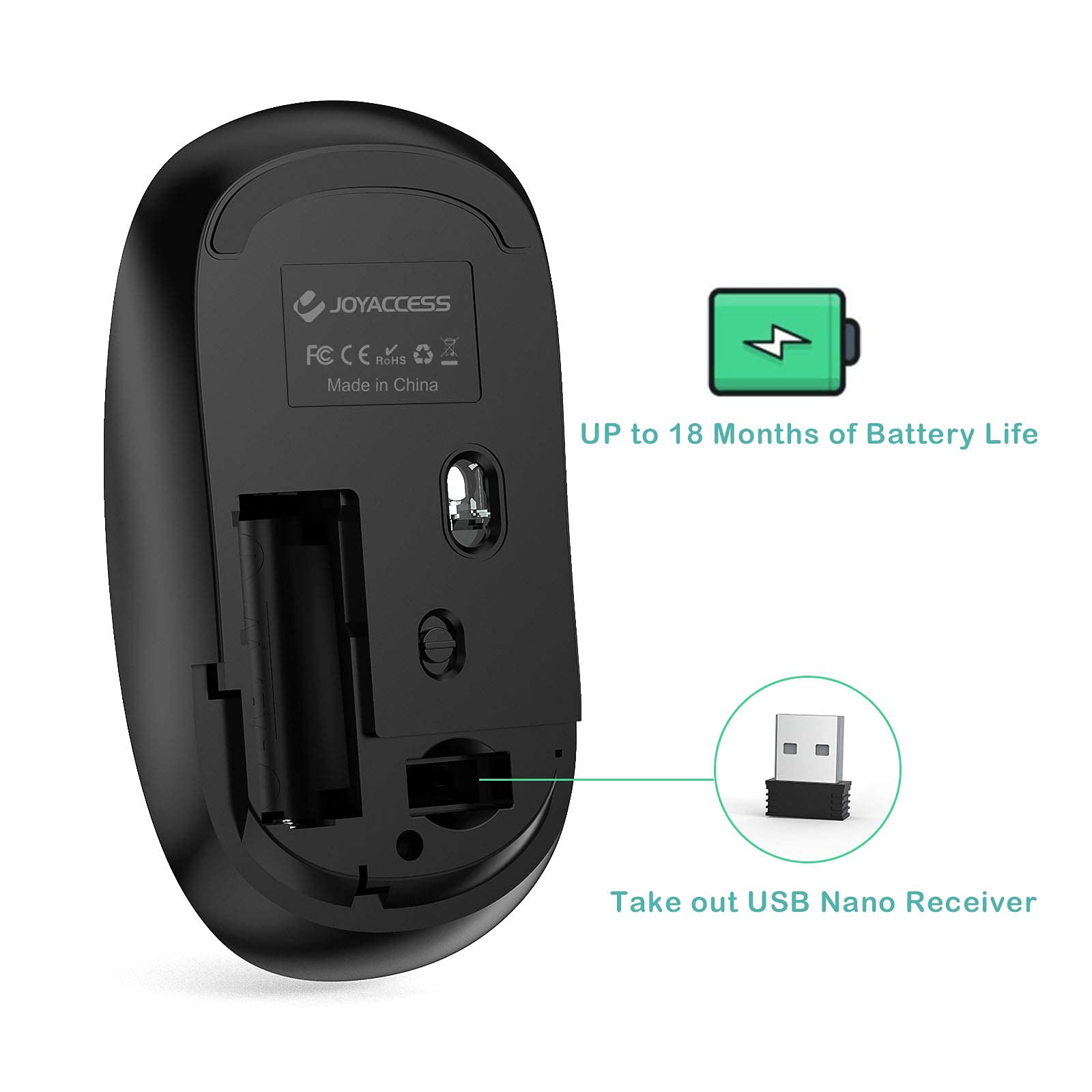 JOYACCESS Wireless Mouse, 2.4G Portable Slim Silent Computer Mouse Wireless with USB Nano Receiver, 2400 DPI, for Notebook, Laptop, PC - Black