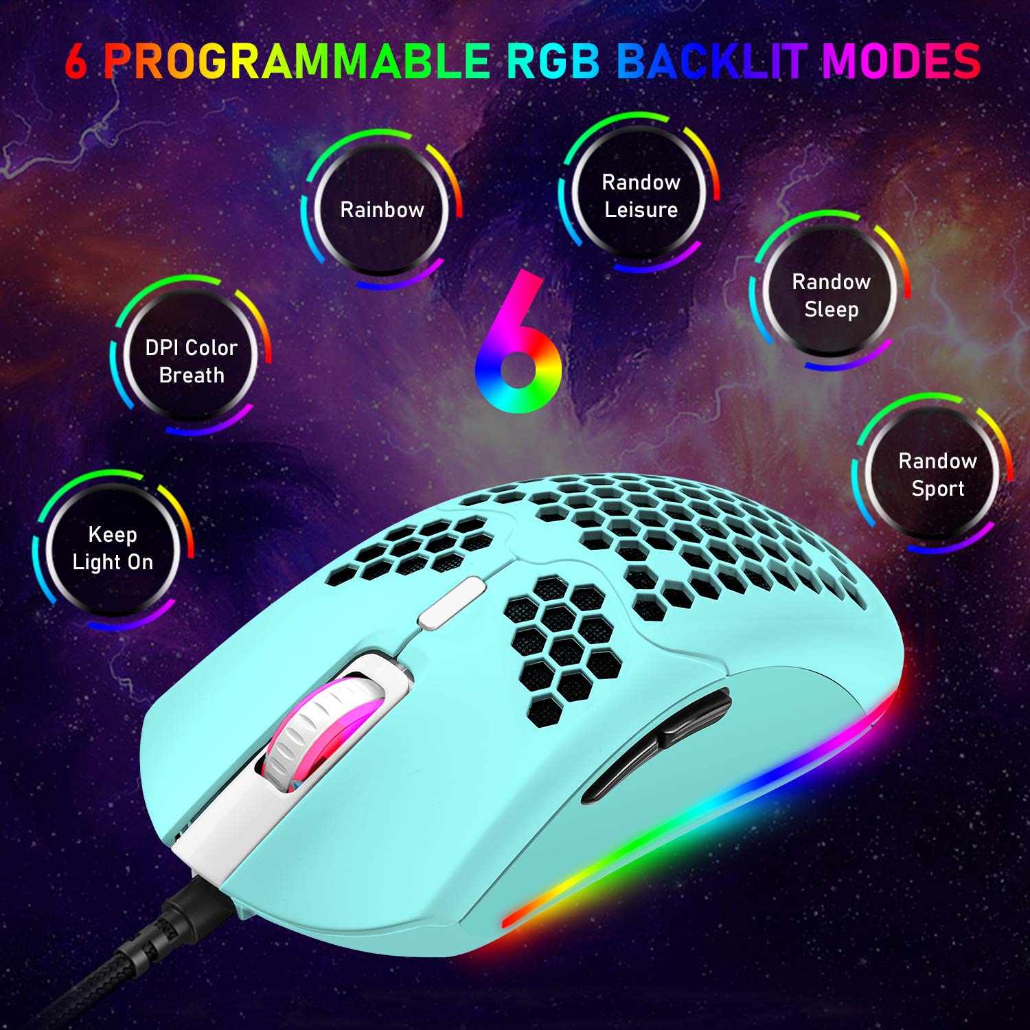 Mechanical Gaming Keyboard and Lightweight Honeycomb Mouse Combo with Rainbow RGB Backlit Full Anti-ghosting 61 Key Ergonomic Programmable Mice Wired USB for Laptop PC Gamer Typist(Blue/Blue Switch)