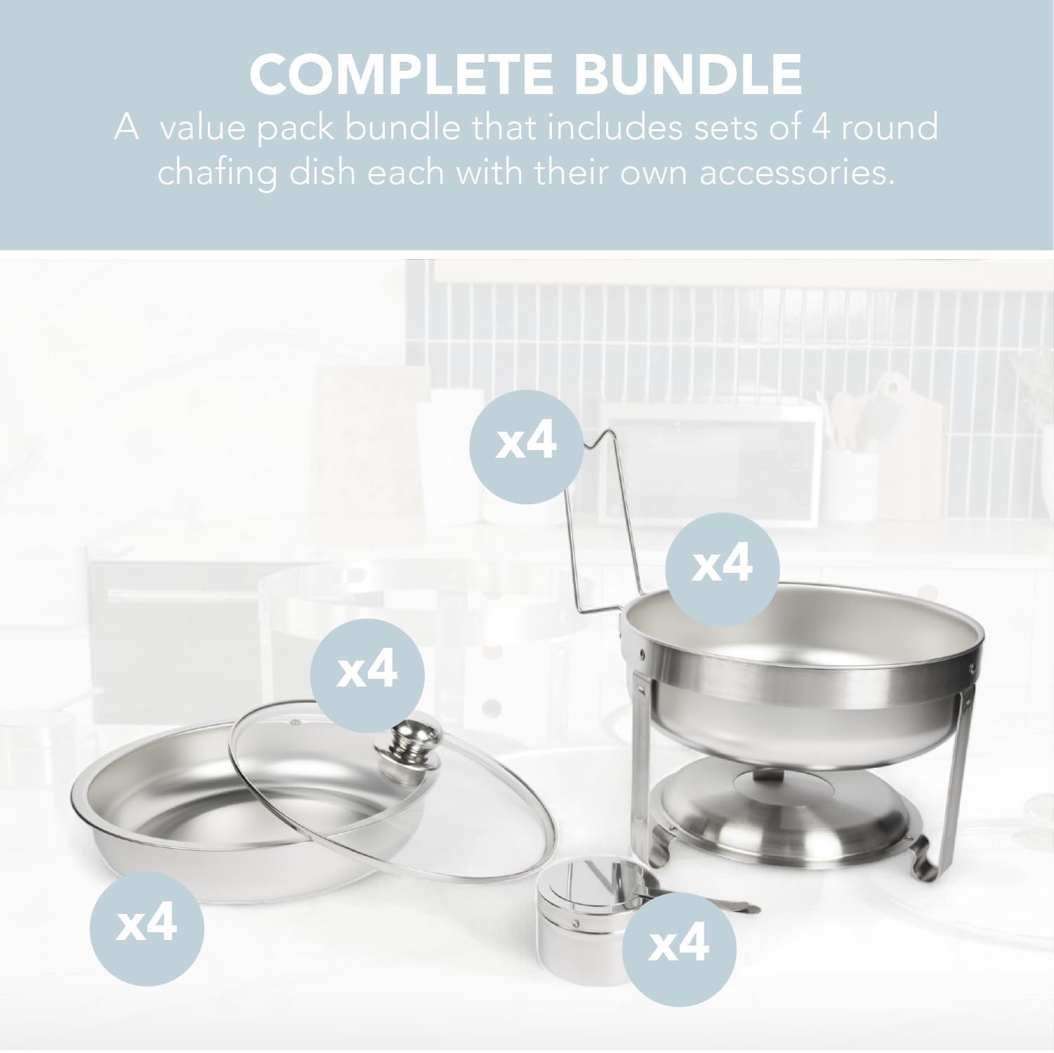 Alpha Living Chafing Dish Buffet Set of 4 – Complete Stainless Steel Chaffe Buffet Set with Glass Lids, Chafing Fuel Holder – Elegant and Practical Warmer Trays for Buffet, Wedding, Catering Supplies
