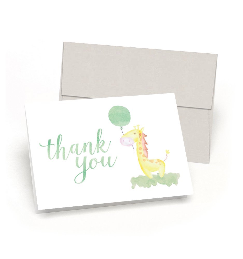 Gee Thank You! Giraffe Baby Shower Thank You Cards (Set of 10 Cards + Envelopes) - Watercolor Baby Giraffe - by Palmer Street Press (Green)