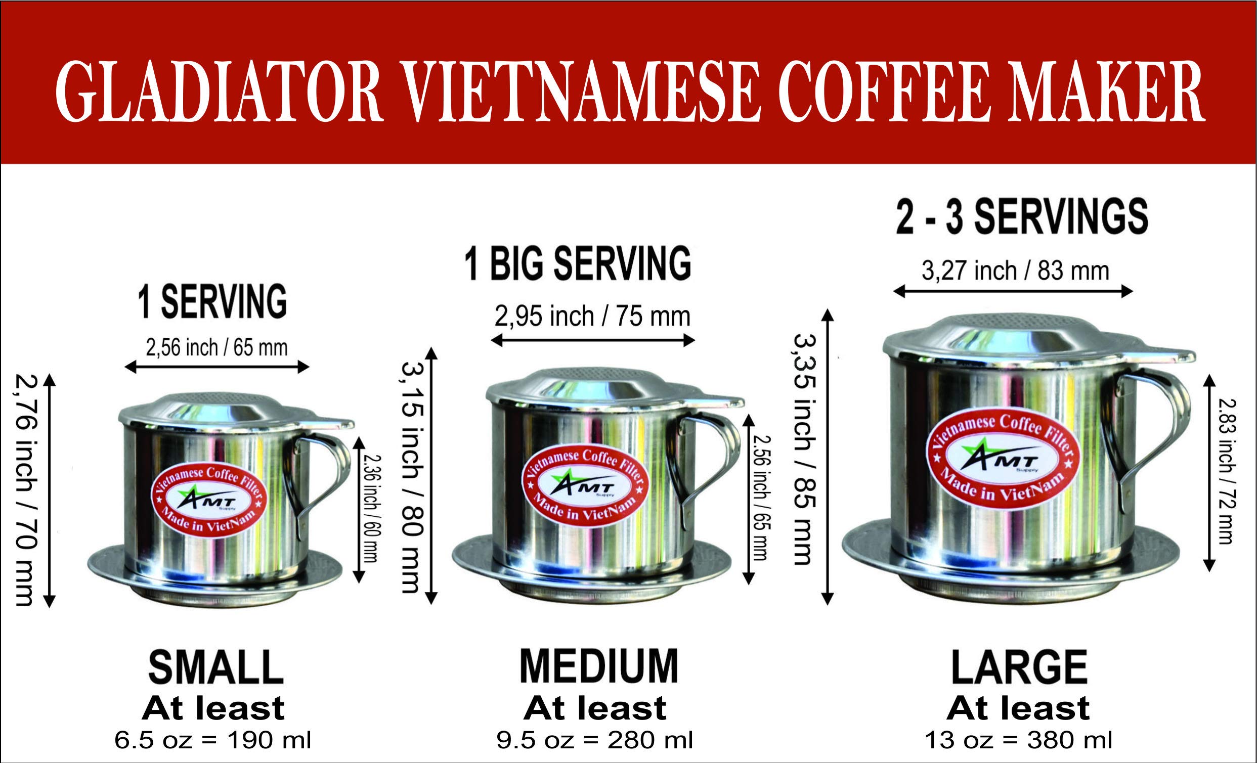 AMT 6.5 OZ Vietnamese Coffee Maker Coffee Filter, 2-3 Servings Phin, Screw Down Coffee Vietnamese Coffee Dripper for Vietnamese Style at Home Office (6.5 OZ - Handle)