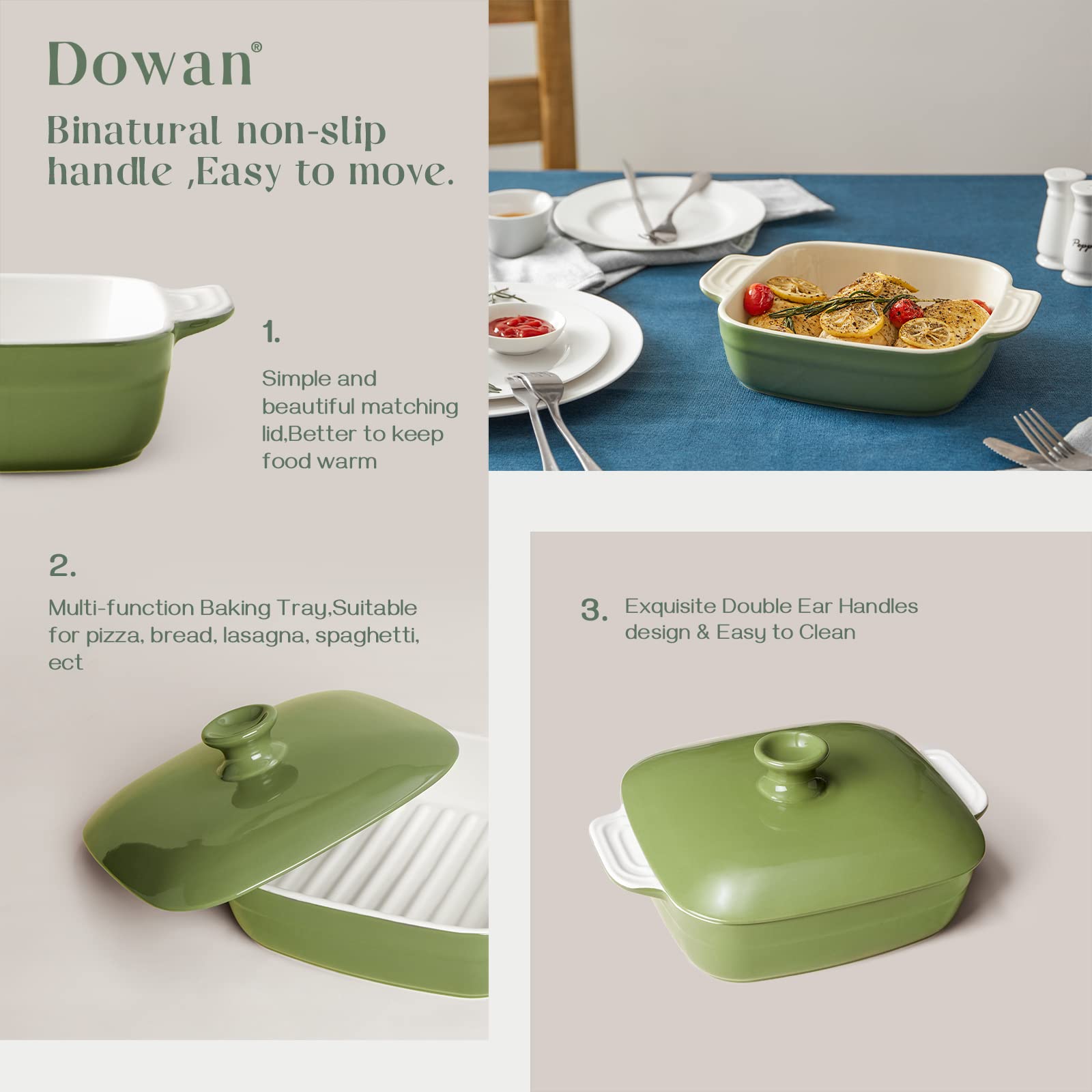 DOWAN Casseroles dish with lids, Ceramic Baking Dish With Lid, Casserole Dishes for oven, 1.6 Quarts Bakeware With Handle Oven Safe for Cooking, Dinner, Home Gift, 8 x 8 Inches, Green